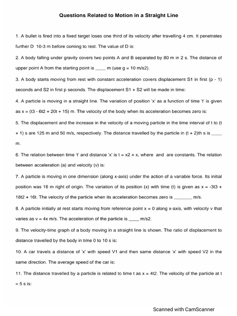 Worksheet Motion - in - Straight - Line - Questions) | PDF