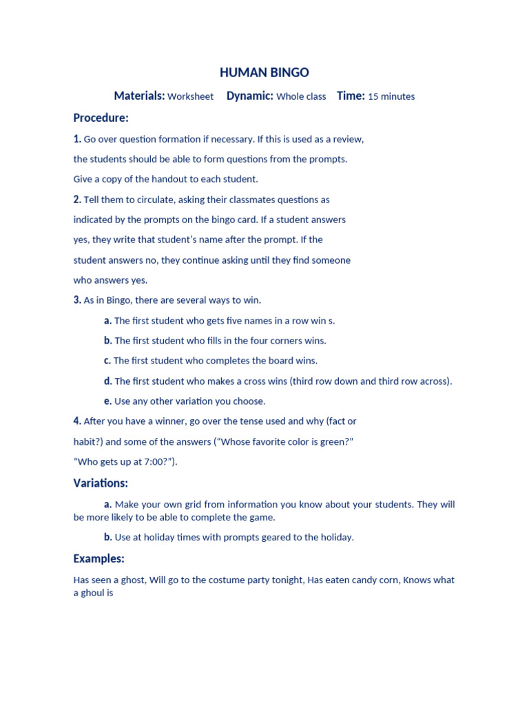 Human Bingo Instructions for Students | PDF