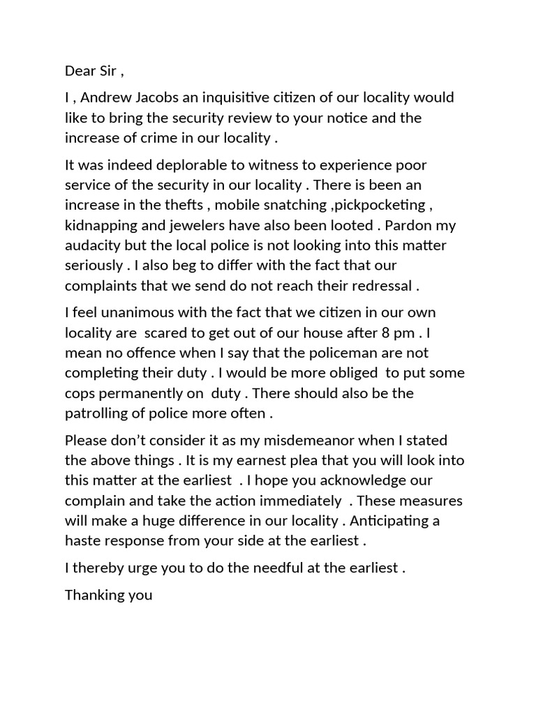 Letter To Police Commisioner | PDF