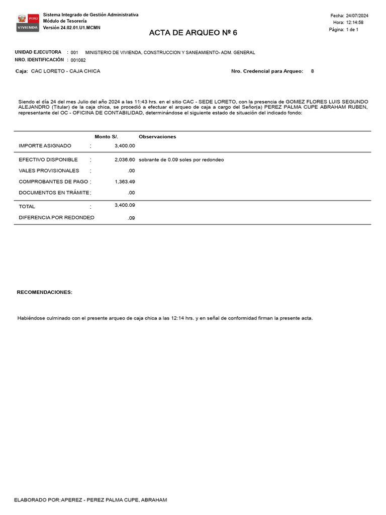 Arqueo de Caja Chica - Acta Nº 6 | PDF