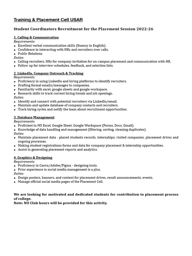 Recruitment Student Coordinators Placement Cell 2026 | PDF