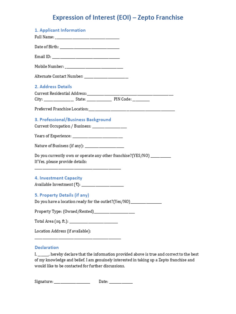 Zepto Franchise Expression of Interest Form | PDF