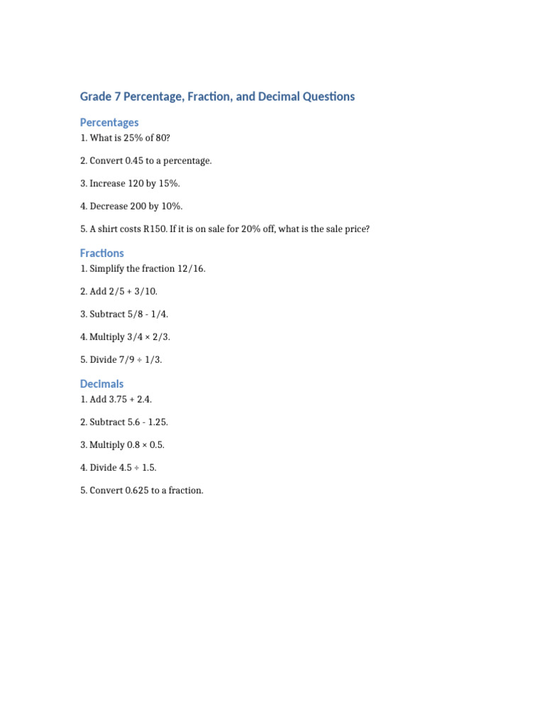 Grade 7 Percentage Fraction Decimal Questions | PDF