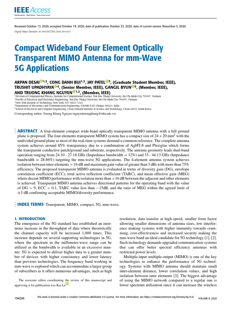 Compact Wideband Four Element Optically Transparent MIMO Antenna For Mm ...