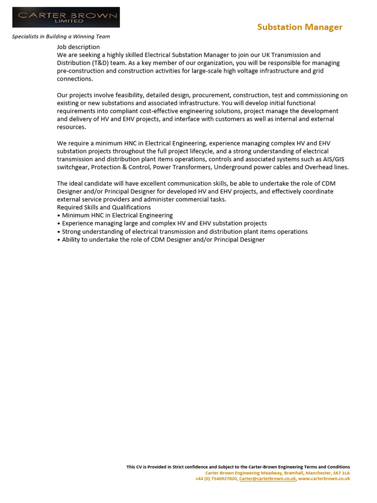 Electrical Substation Manager CV | PDF | Electric Power Distribution ...