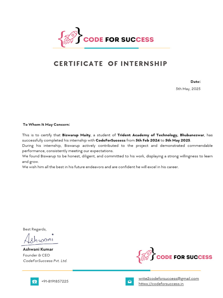 Certificate of Intership Biswarup | PDF