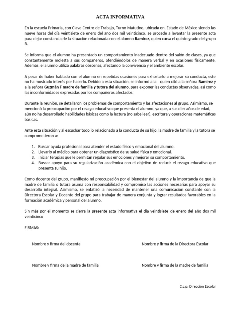 Acta Informativa Mala Conducta | PDF | Comportamiento | Las emociones