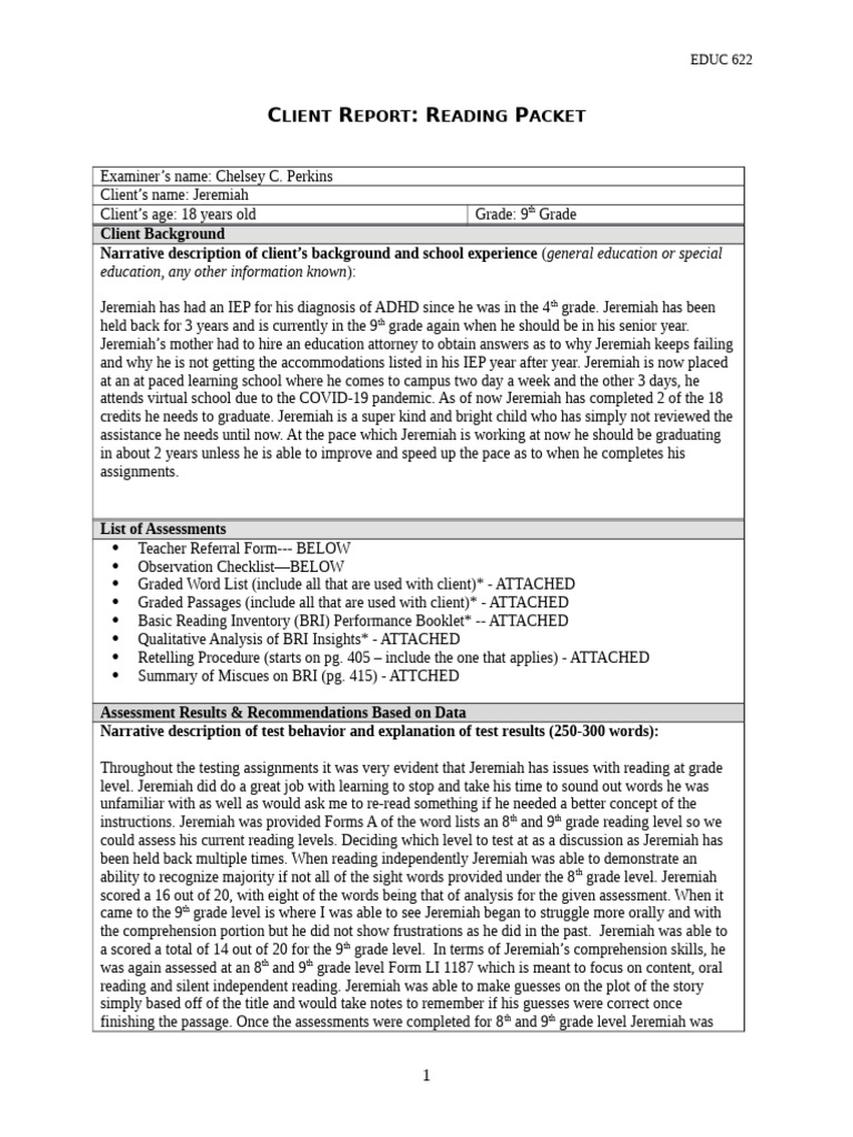 EDUC 622 Client Report: Jeremiah's Reading | PDF | Reading ...