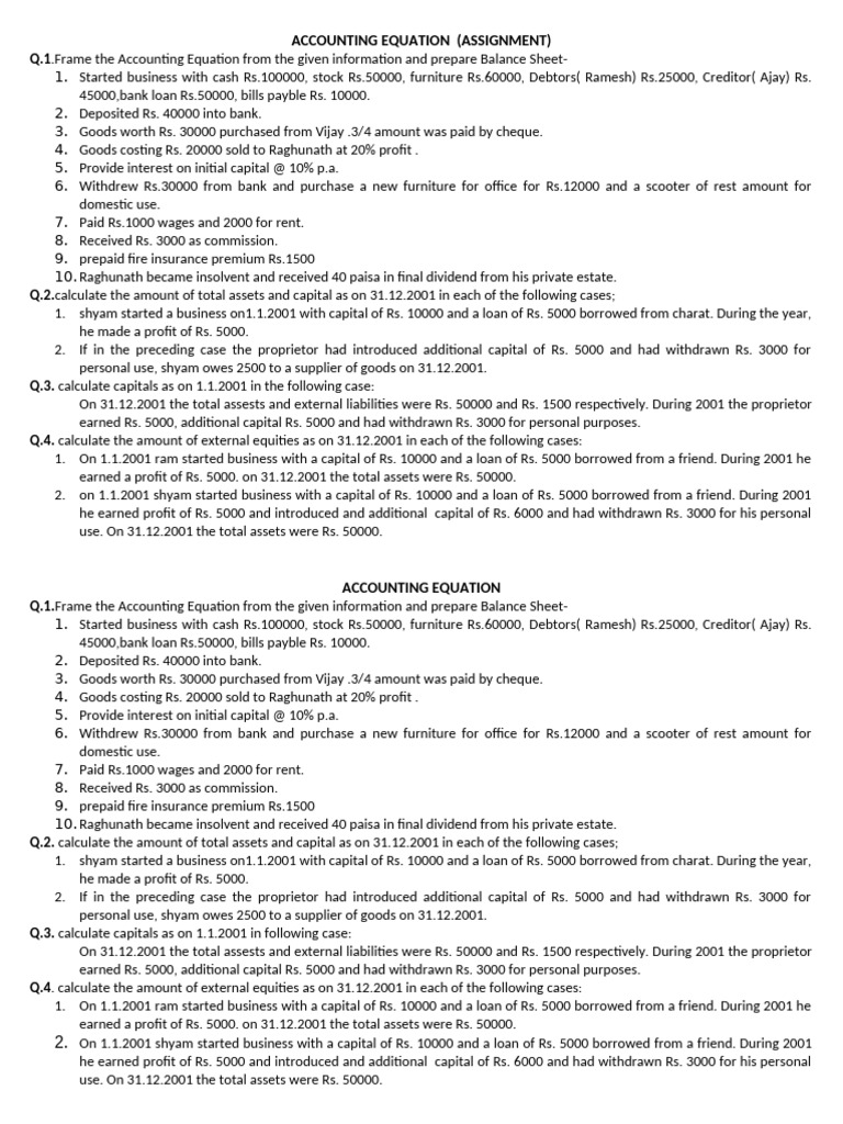 Accounting Equation Assignments | PDF | Equity (Finance) | Banks