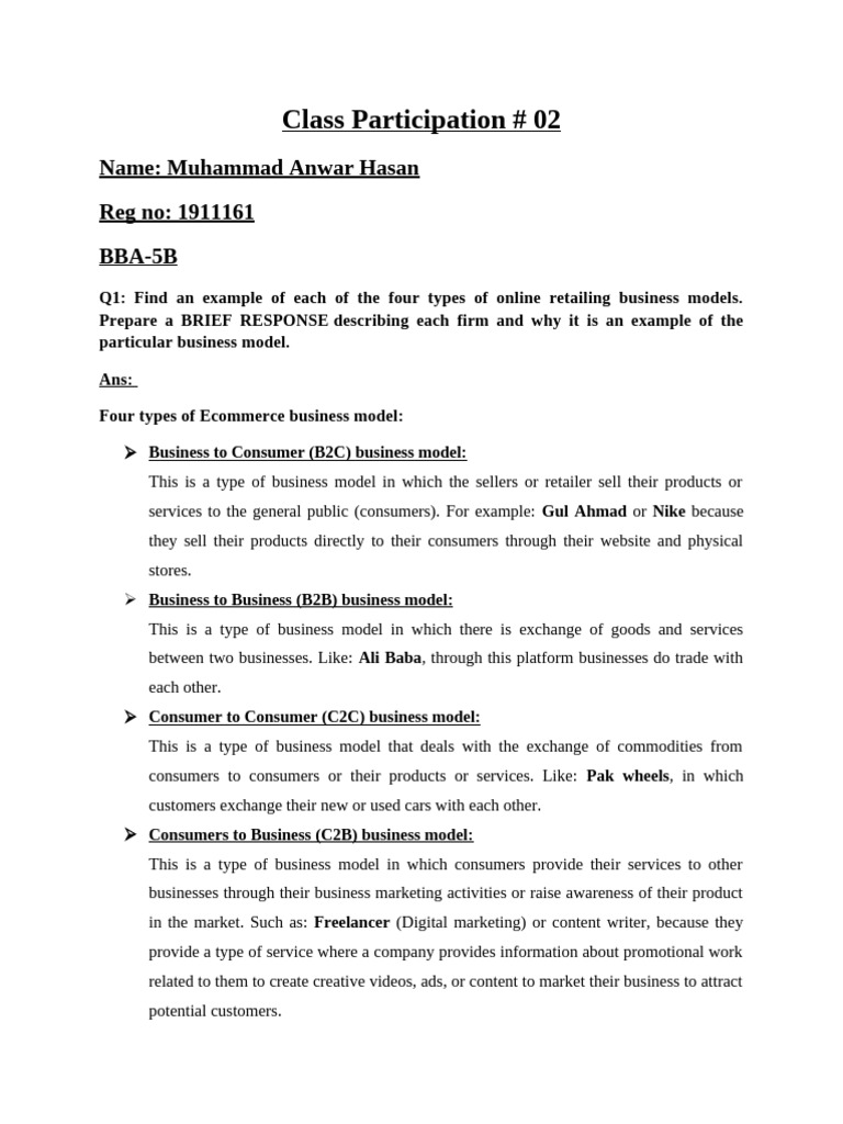 Muhammad Anwar Hasan 1911161 BBA-5B - Class Participation # 02 | PDF