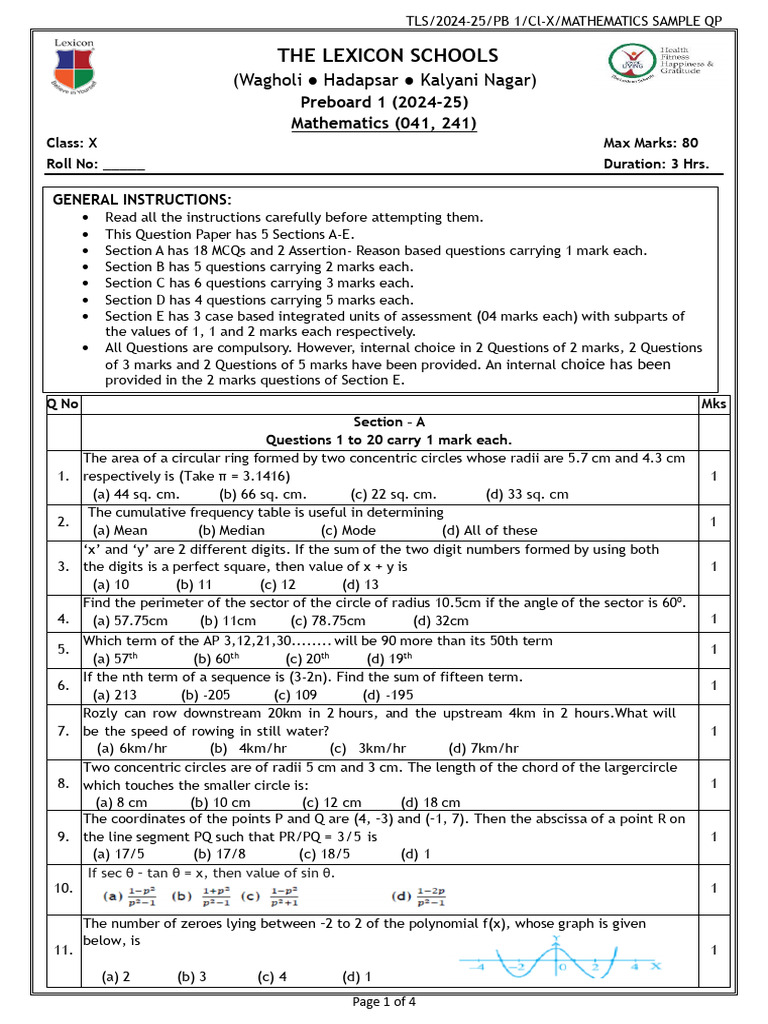 TLS CL-X Preboard 1 Mathematics Sample QP 2024-25 2 | PDF | Mathematical Concepts | Mathematics