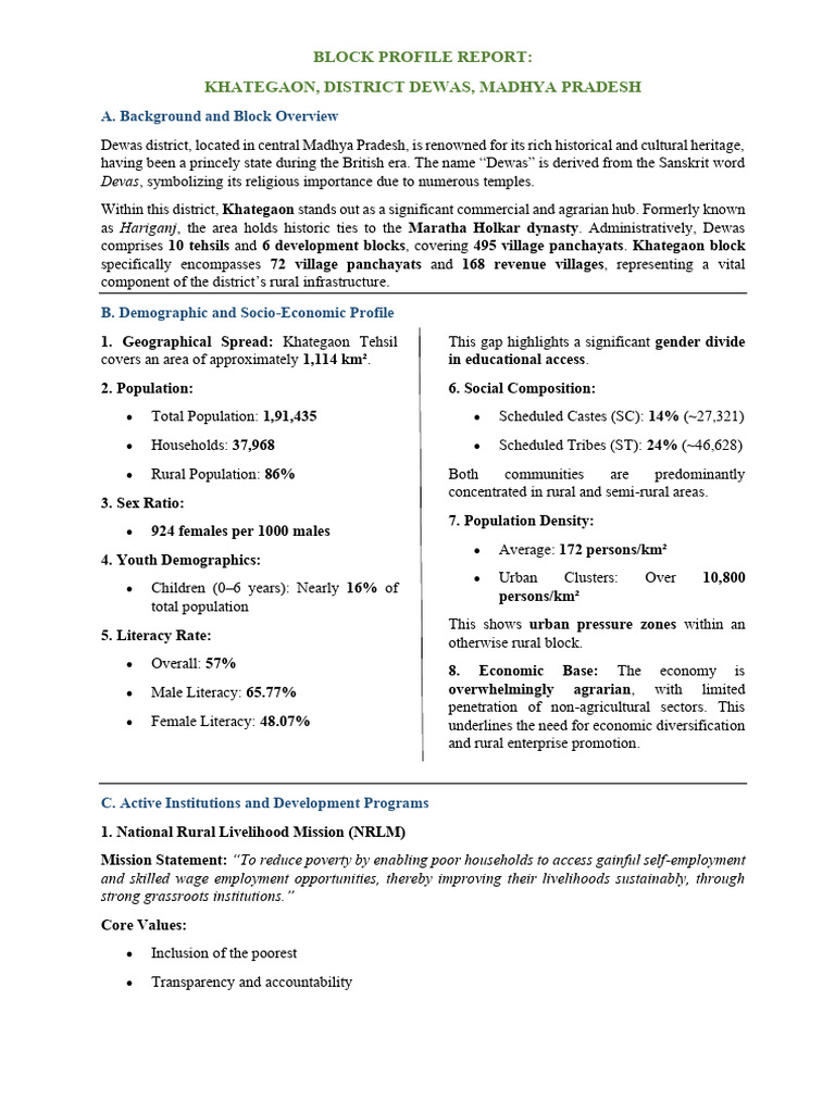Block Profile Khategaon, Dewas | PDF | Financial Inclusion | Poverty Reduction