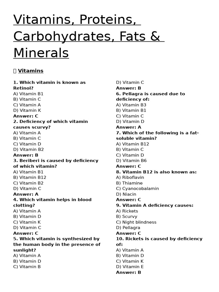 (MCQ) Vitamins, Proteins, Carbohydrates, Fats & Minerals | PDF ...