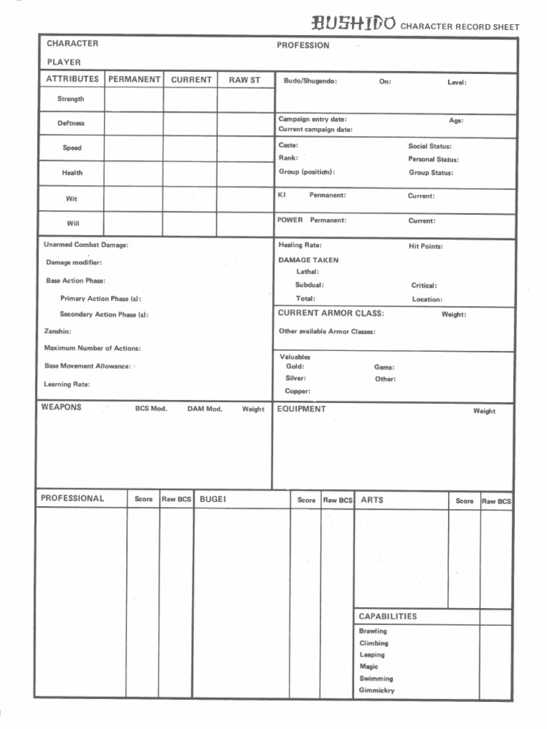 Bushido Character Record Sheet | PDF