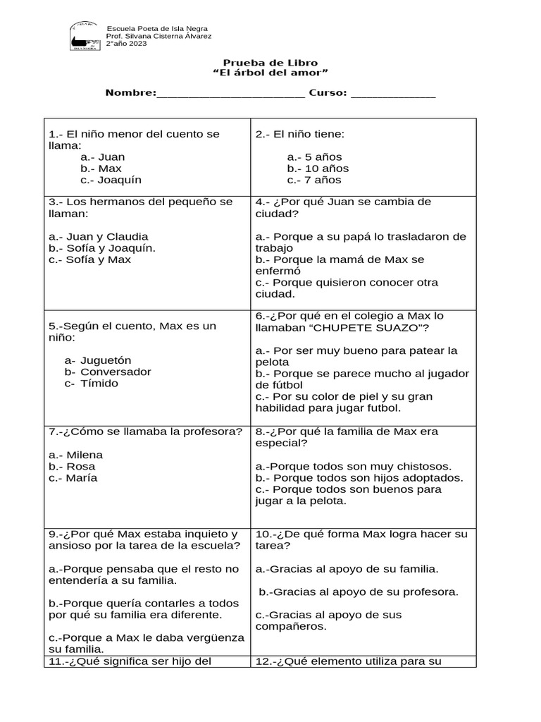 Prueba de comprensión: "El árbol del amor" | PDF