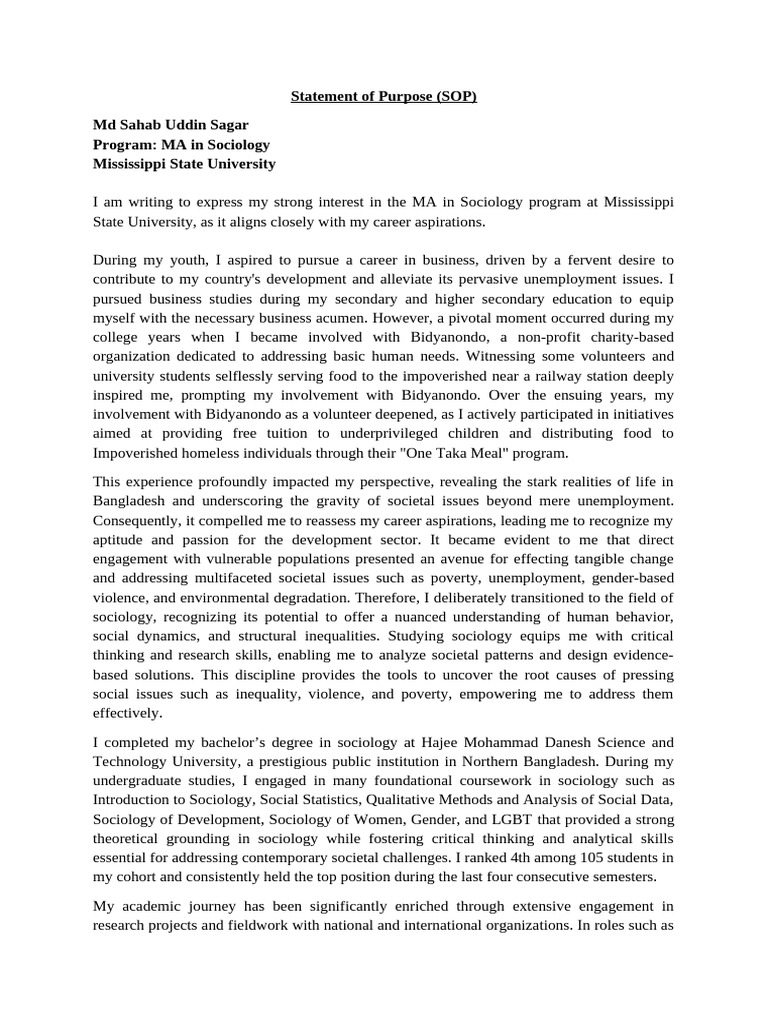 Final Statement of Purpose MSU | PDF | Sociology | Gender