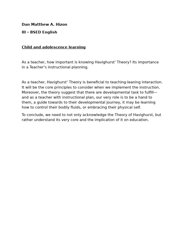 1st Assignment To Child and Adolescence | PDF