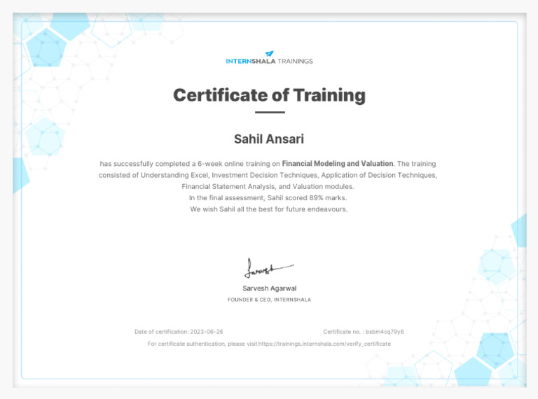 Financial Modeling and Valuation Training - Certificate of Completion | PDF