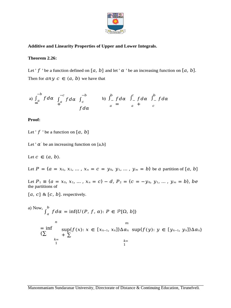 Upper and Lower Integrals Properties | PDF | Mathematical Relations ...