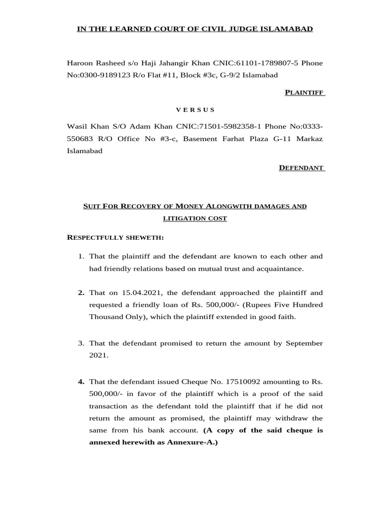 Harooon Rashid Suit (Recovery) Edited | PDF | Lawsuit | Public Law