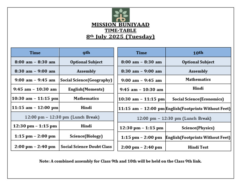 9th&10th - Time Table - 8th July 2025 | PDF