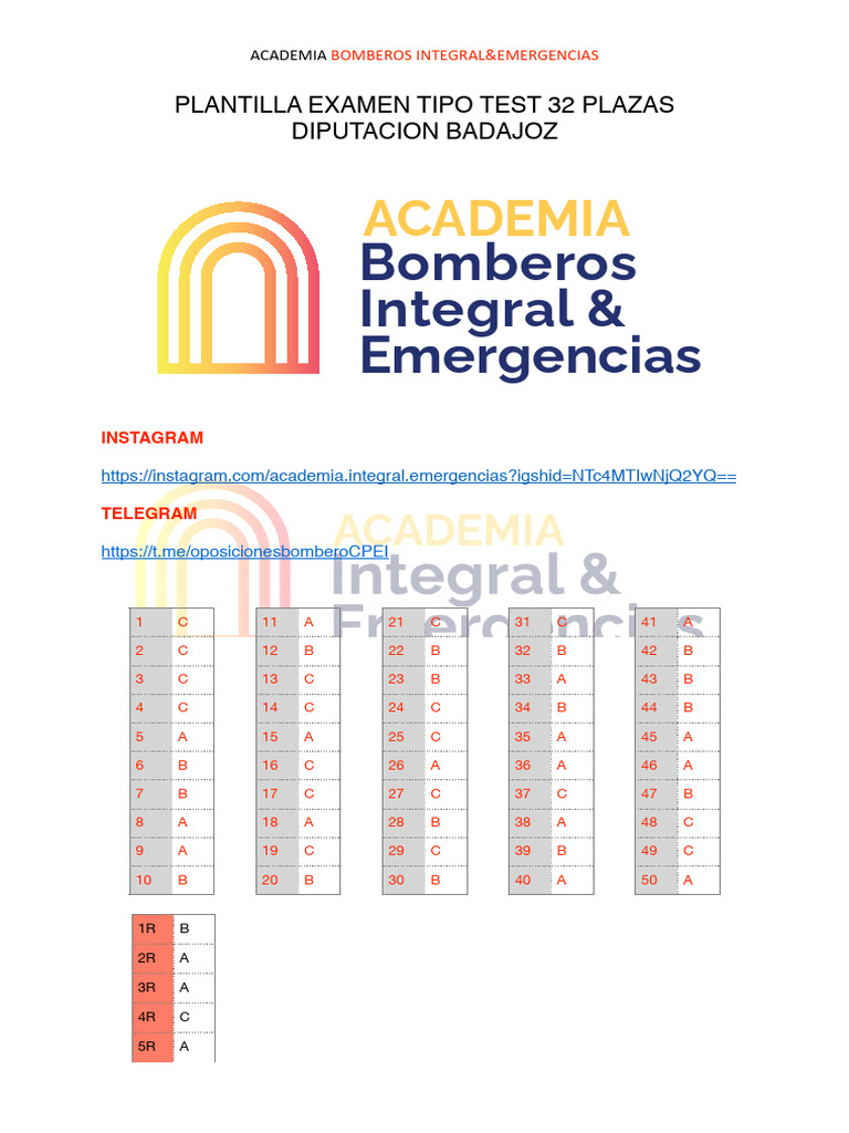 Examen Tipo Test: 32 Plazas Bombero Badajoz | PDF
