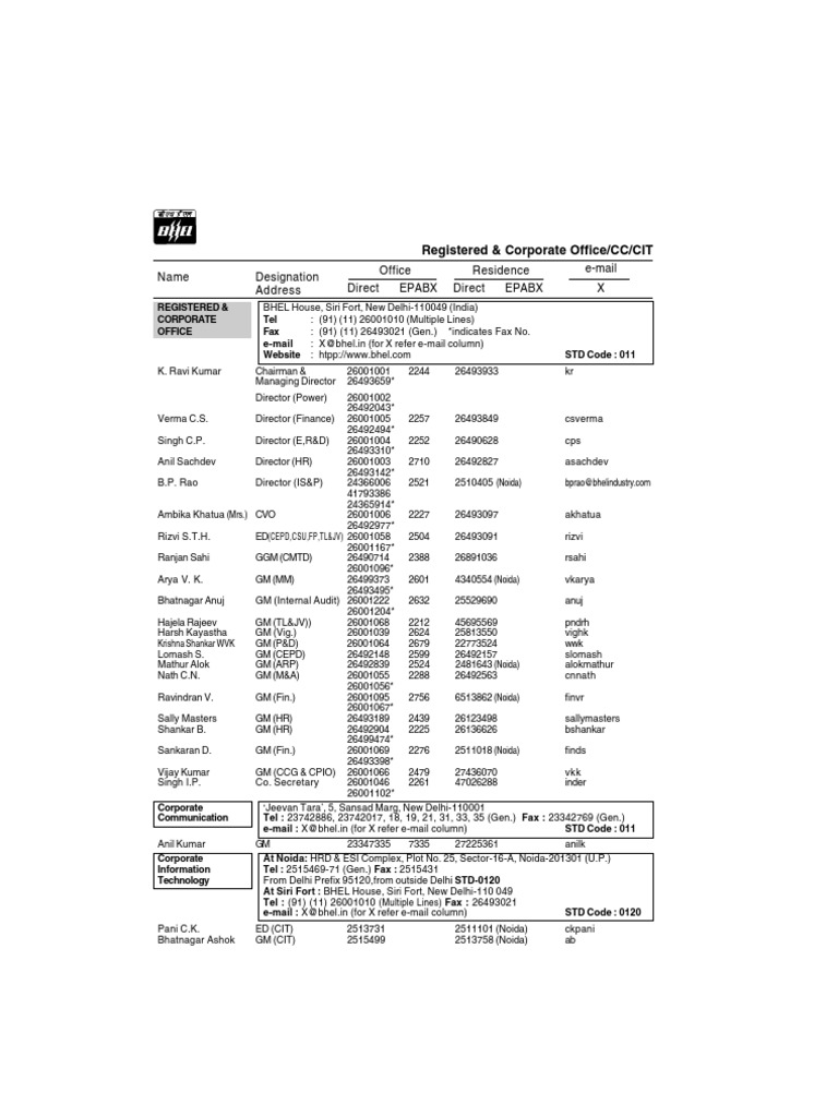 BHEL Corporate Directory and Contacts | PDF