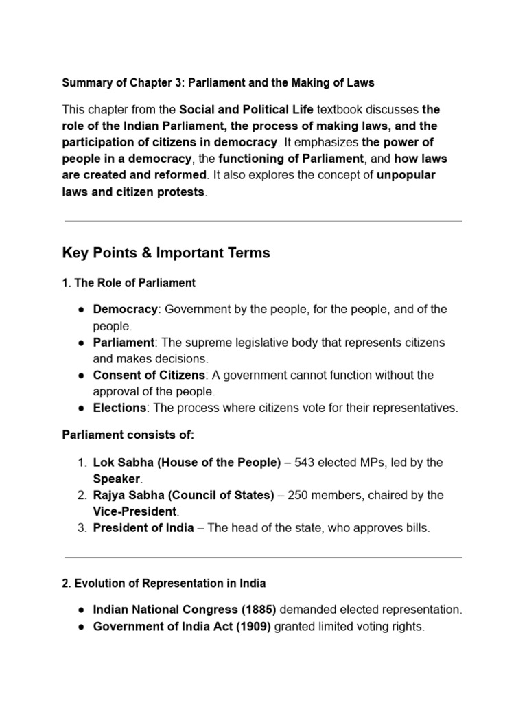 Ncert Class8 Political Science Ch3 Parliament and The Making of Laws ...