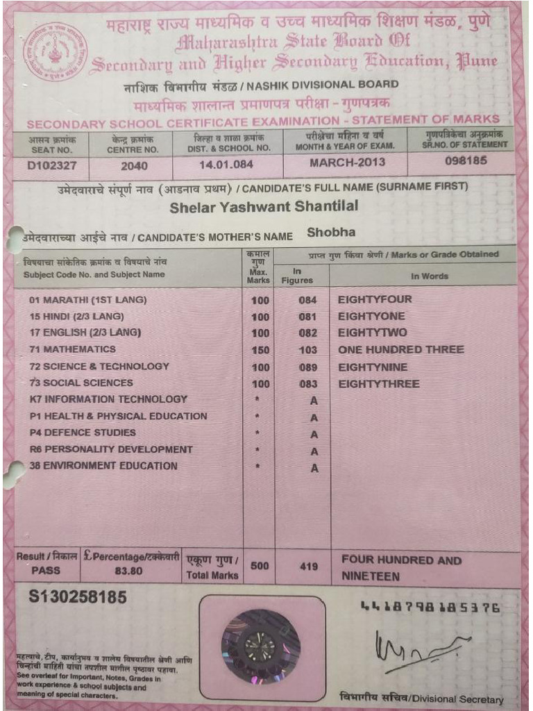 10th Marksheet | PDF