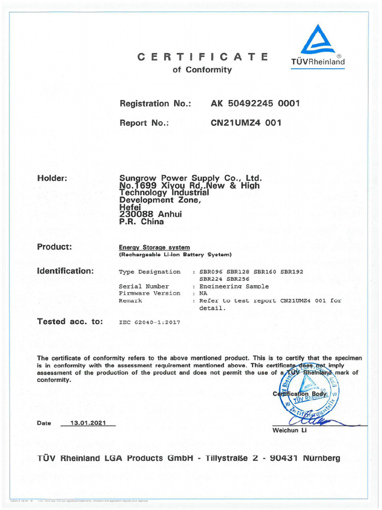 En CE Sungrow SBR Battery Series IEC62040 Conformity Certificate | PDF