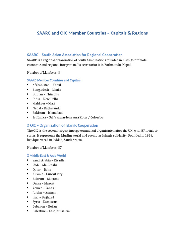 Saarc Oic Countries Capitals Pdf
