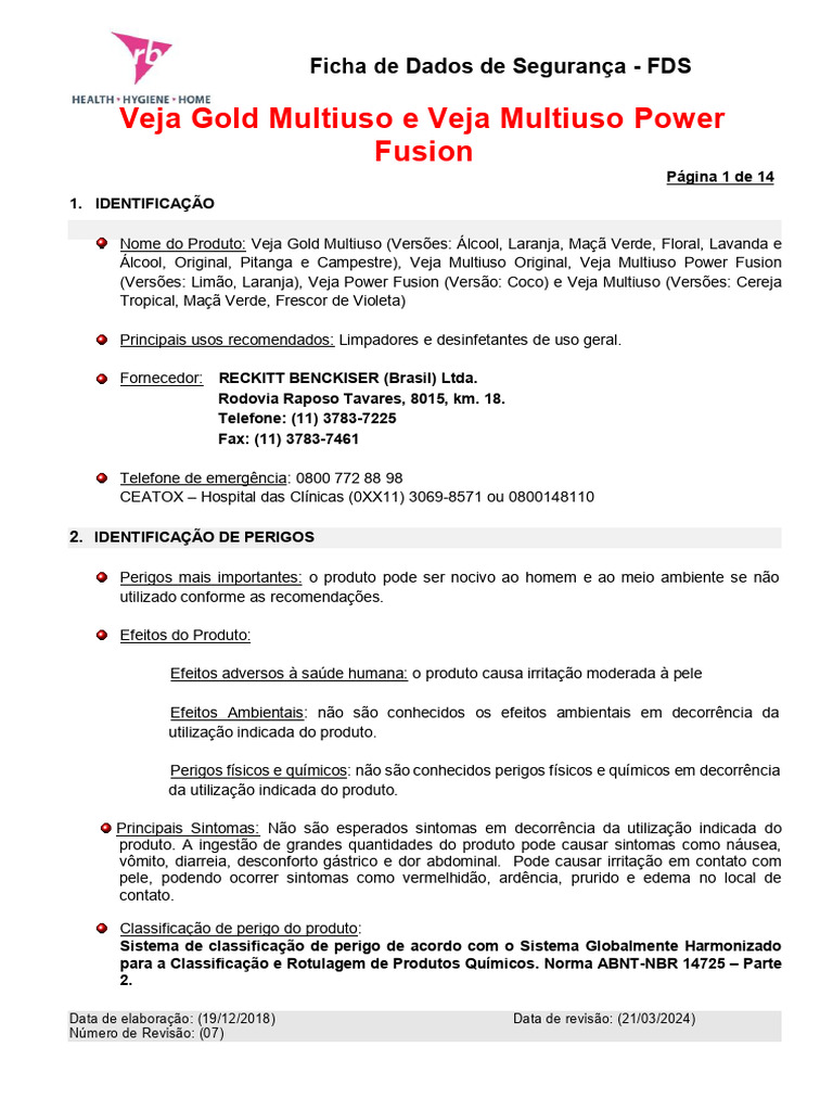 FDS - Veja Gold Multiuso e Veja Multiuso Power Fusion - Fds - Rev.06 | PDF | Primeiros socorros ...