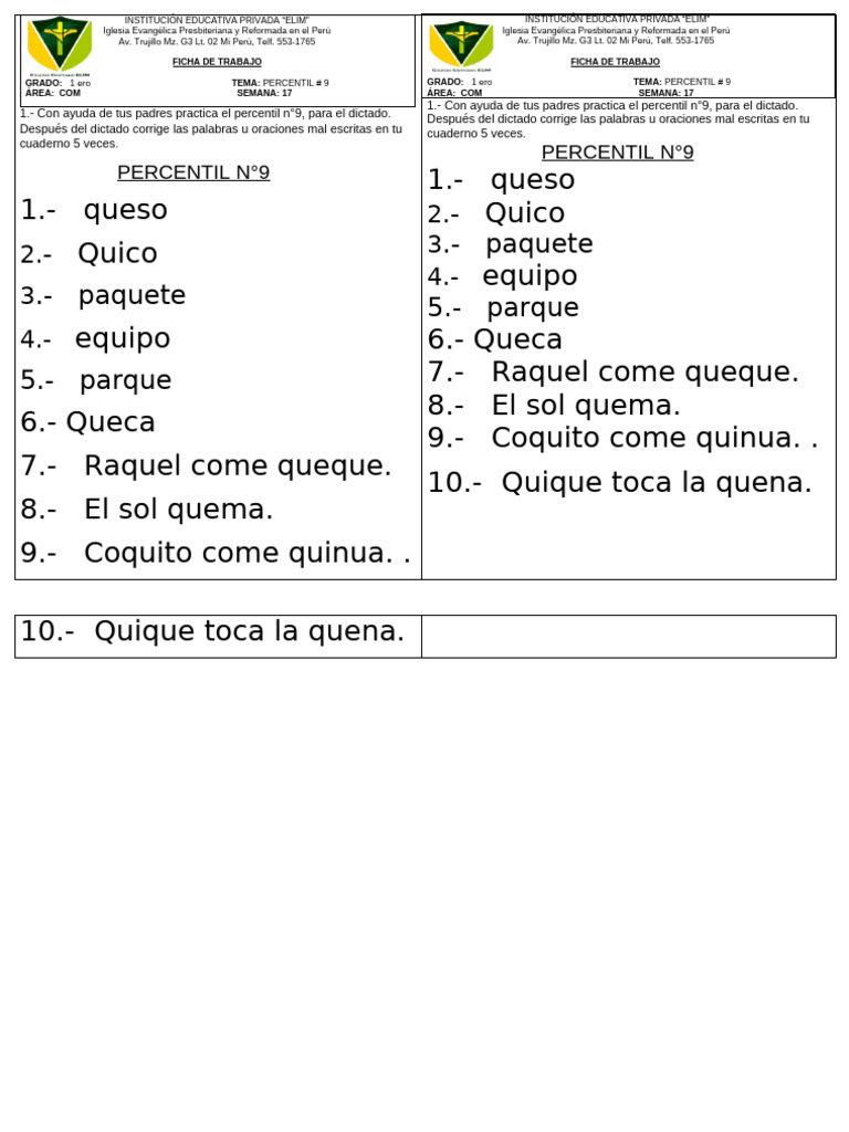 Ficha Comu - Percentil # 9 - Letra Q - Semana 17 - 2025 | PDF