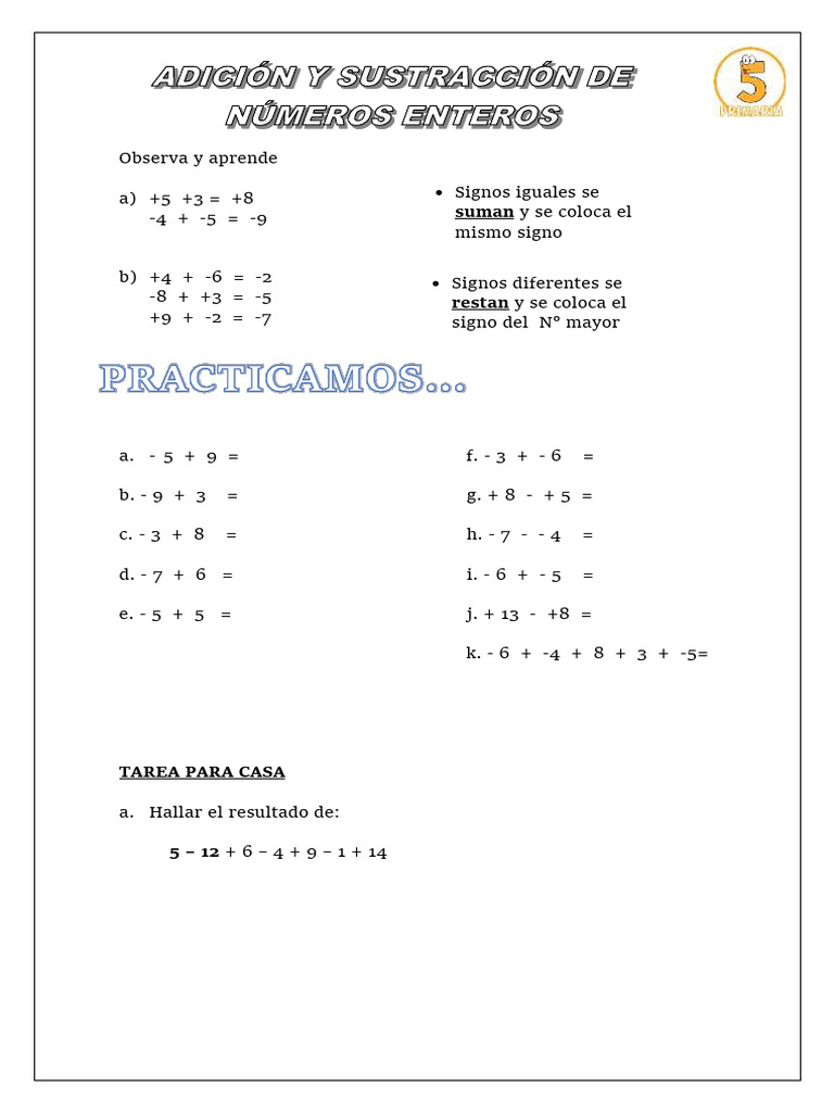 Adicion y Sustraccion de Enteros 5to | PDF
