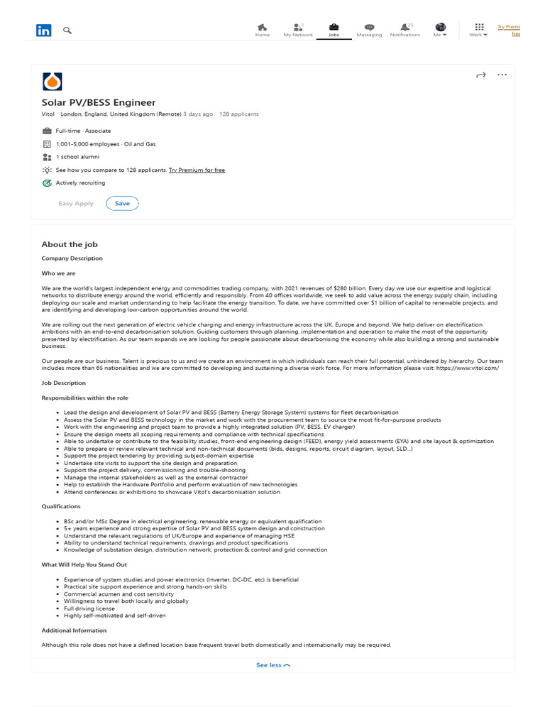 Solar PV - BESS Engineer - Vitol - LinkedIn | PDF | Climate Change Mitigation | Solar Power