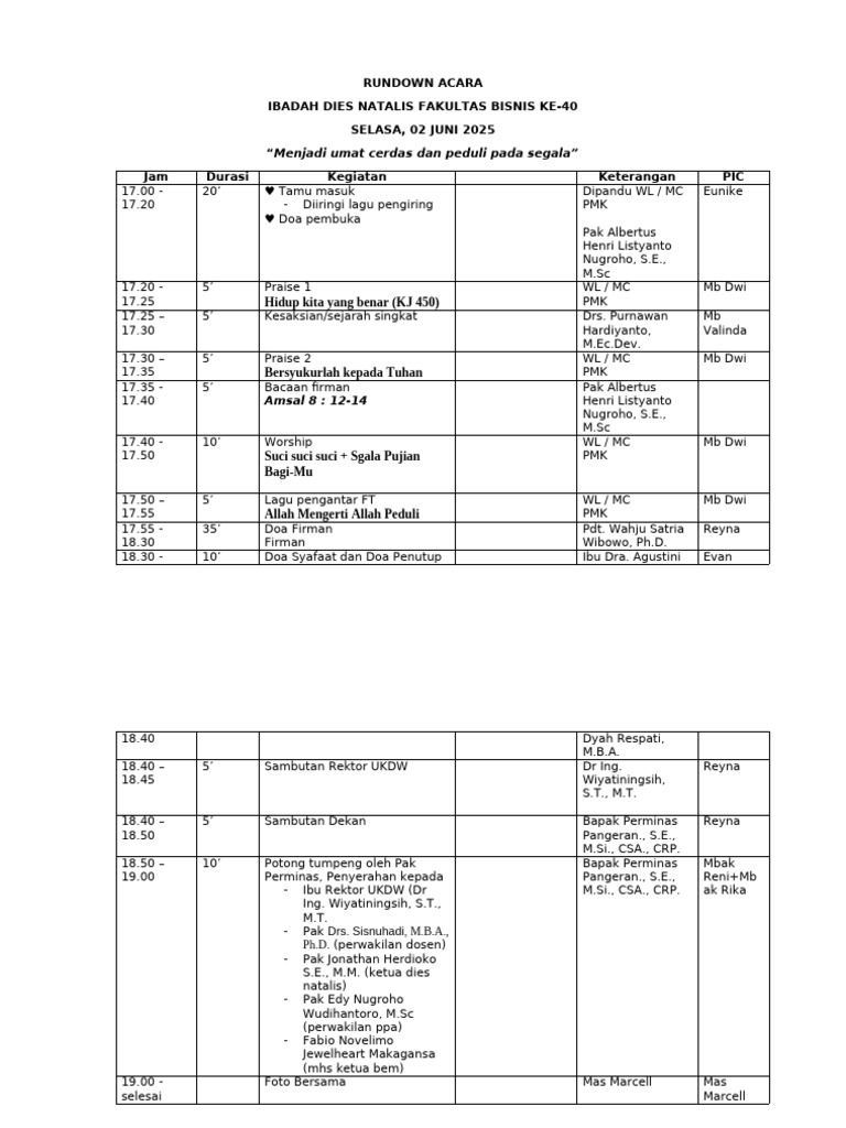 Rundown Acara Ibadah Dies Natalis 40 | PDF
