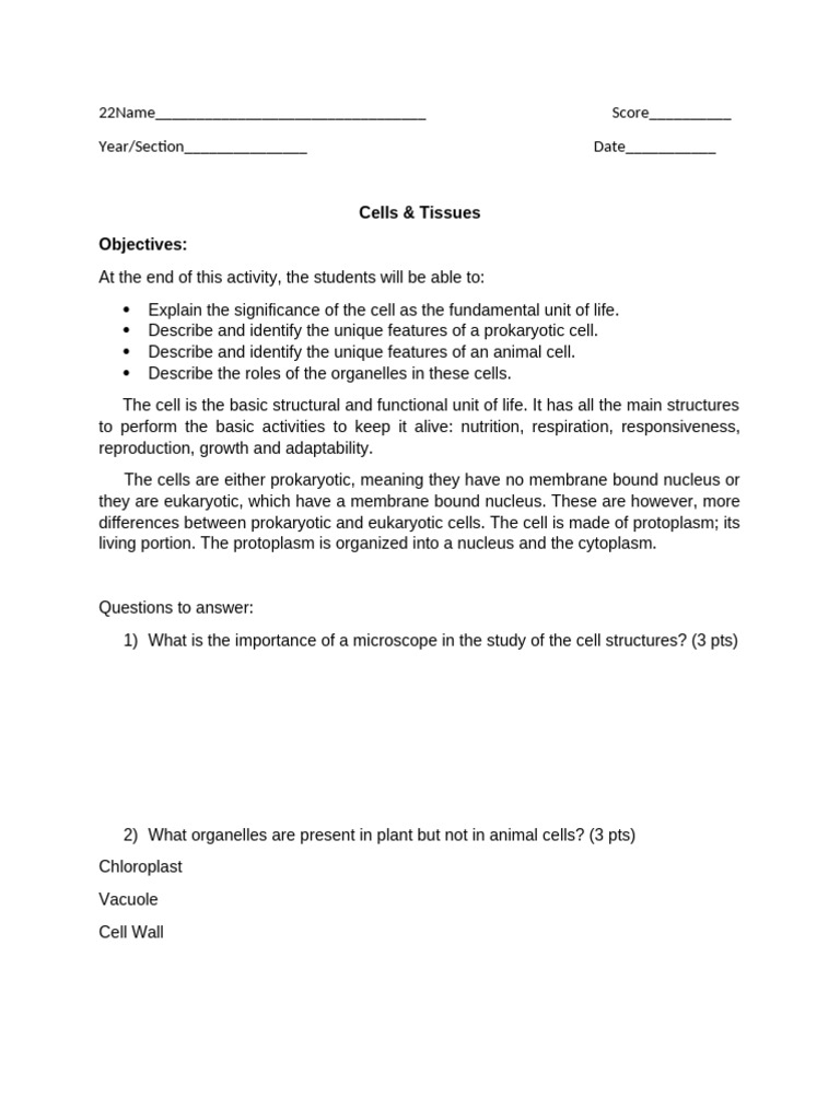 2 Cells Tissues Answer Key | PDF | Mitosis | Cell (Biology)