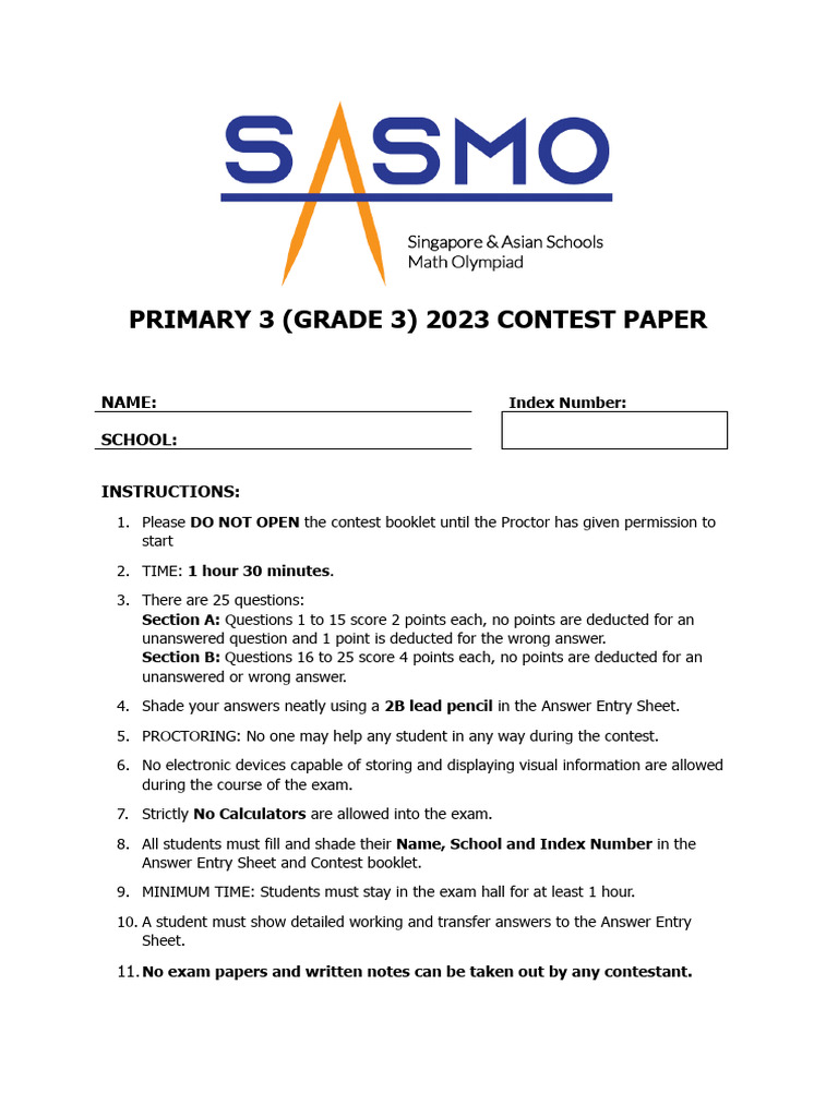 Primary 3 (Grade 3) 2023 Contest Paper: Name: School: Instructions | PDF