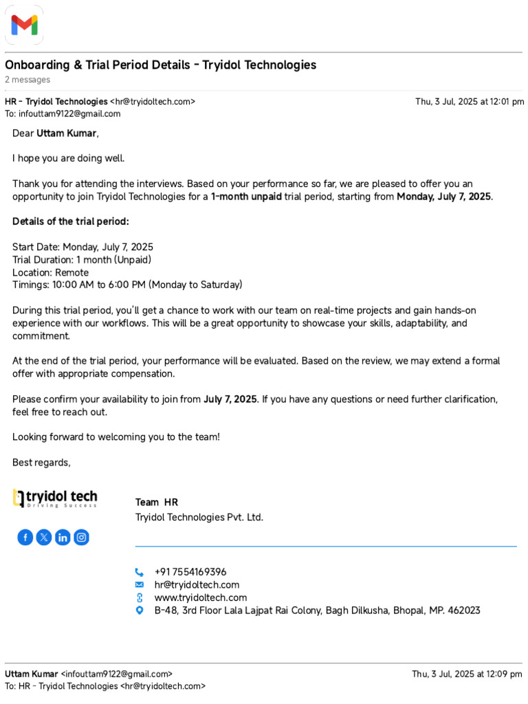 Gmail - Onboarding & Trial Period Details - Tryidol Technologies | PDF