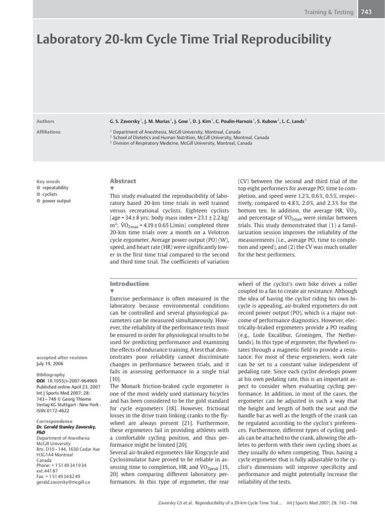Zavorsky 2007 - Laboratory 20-Km Cycle Time Trial Reproducibility ...