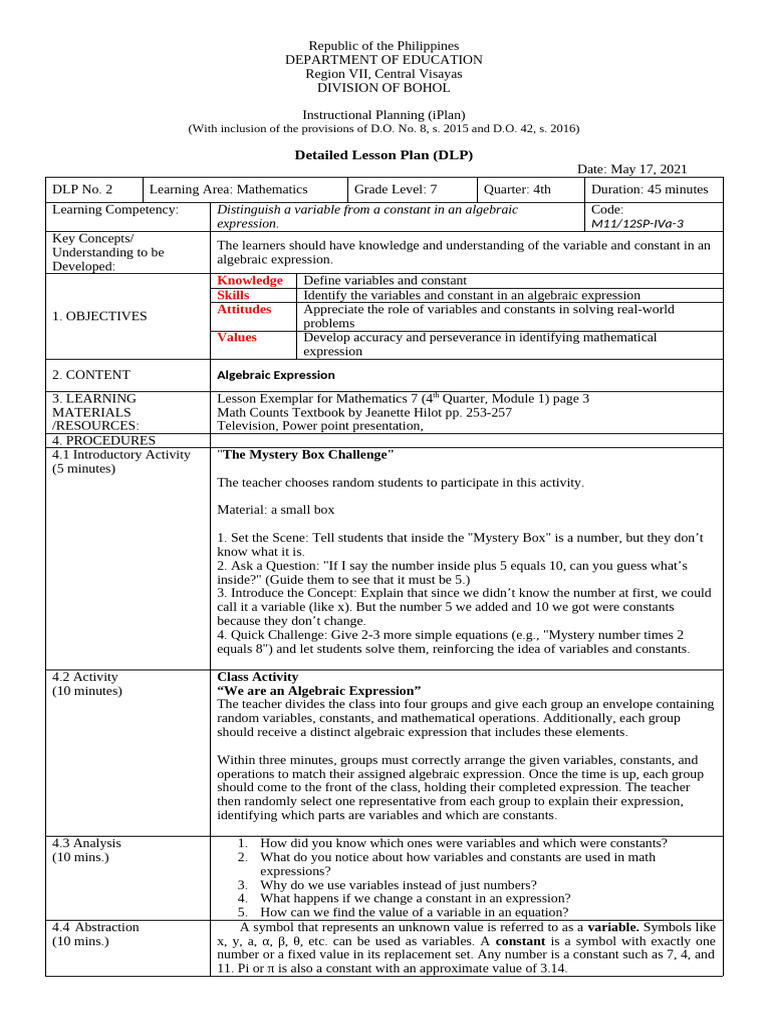 Variables and Constants LP Unfinished | PDF | Variable (Mathematics) | Equations