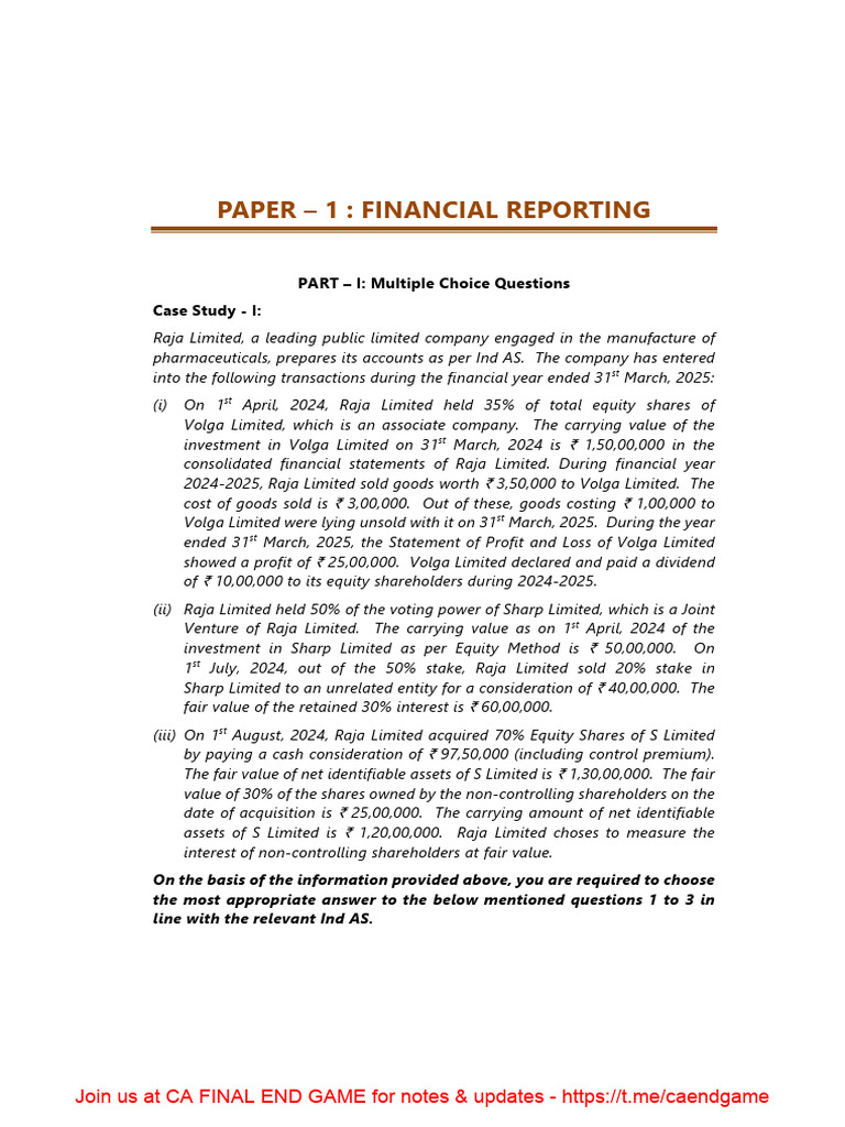 Paper - 1: Financial Reporting: PART - I: Multiple Choice Questions ...