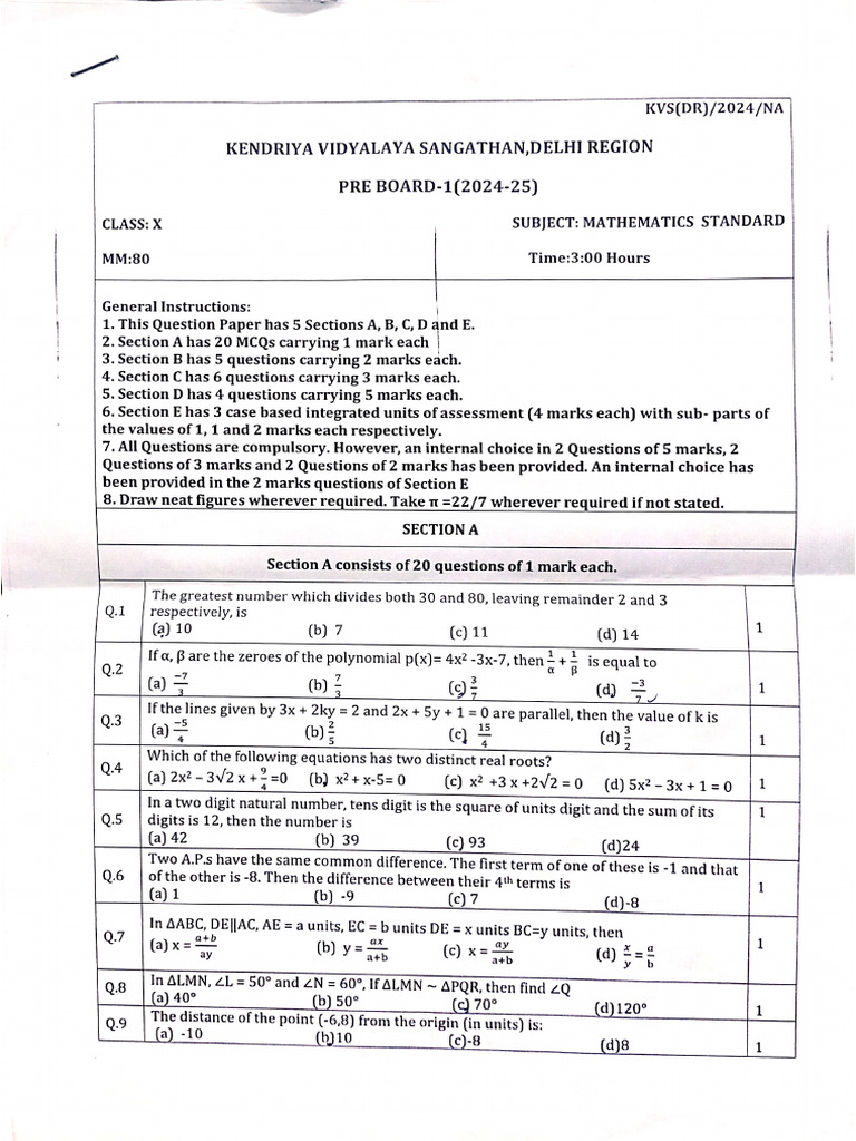 Maths Pre-Board 1 Que Paper | PDF