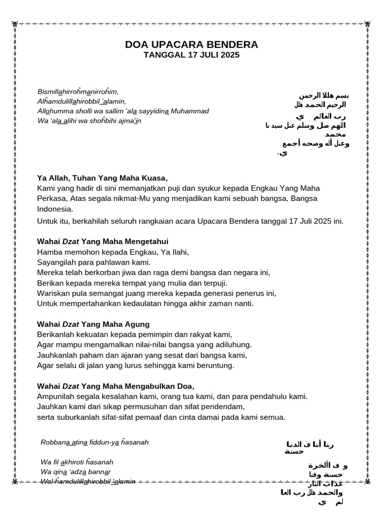 Draft Doa Upacara 17 An Bulan Juli 2025 | PDF