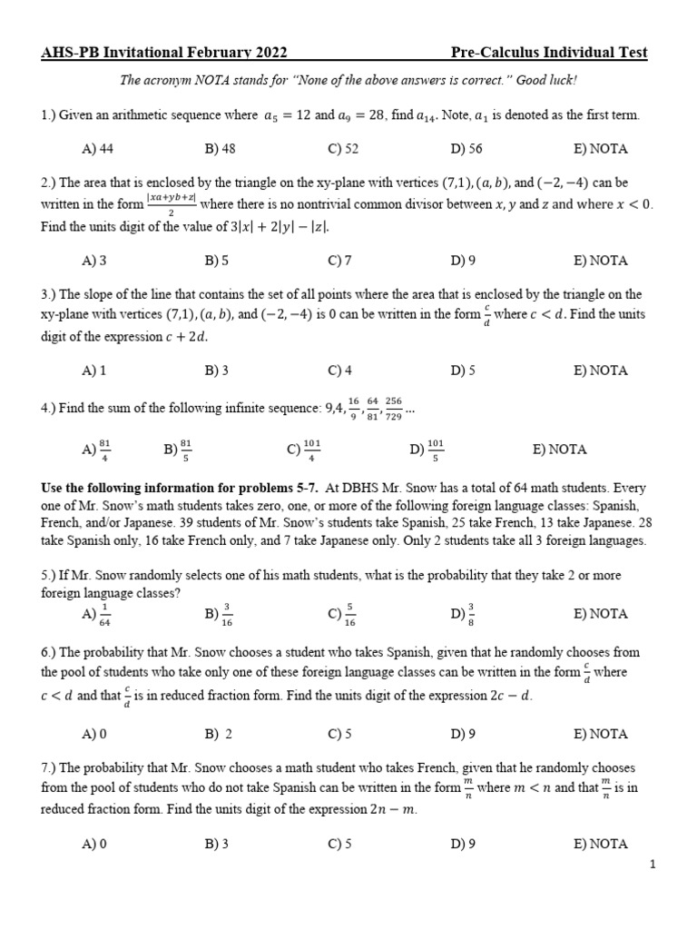 T - Prec Feb 2022 AHSPB SW Indiv Test | PDF | Algebra | Elementary ...