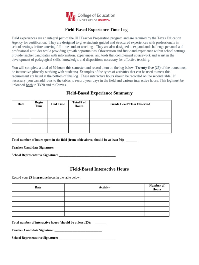 Field Based Experience Time Log - Minors | PDF | Teachers | Teaching