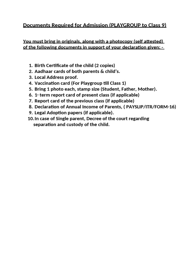 Documents For Admission To Playgroup - Class 9 | PDF