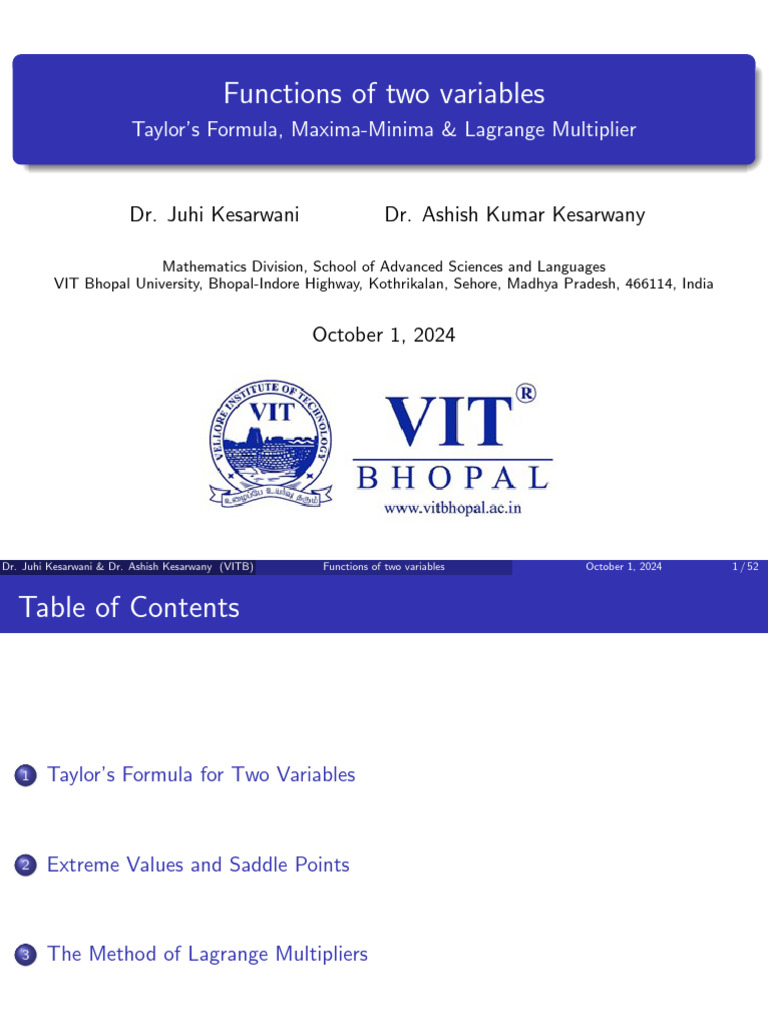 Functions of Several Variables-Taylor's Formula, Maxima-Minima, Lagrange Multiplyer | PDF ...