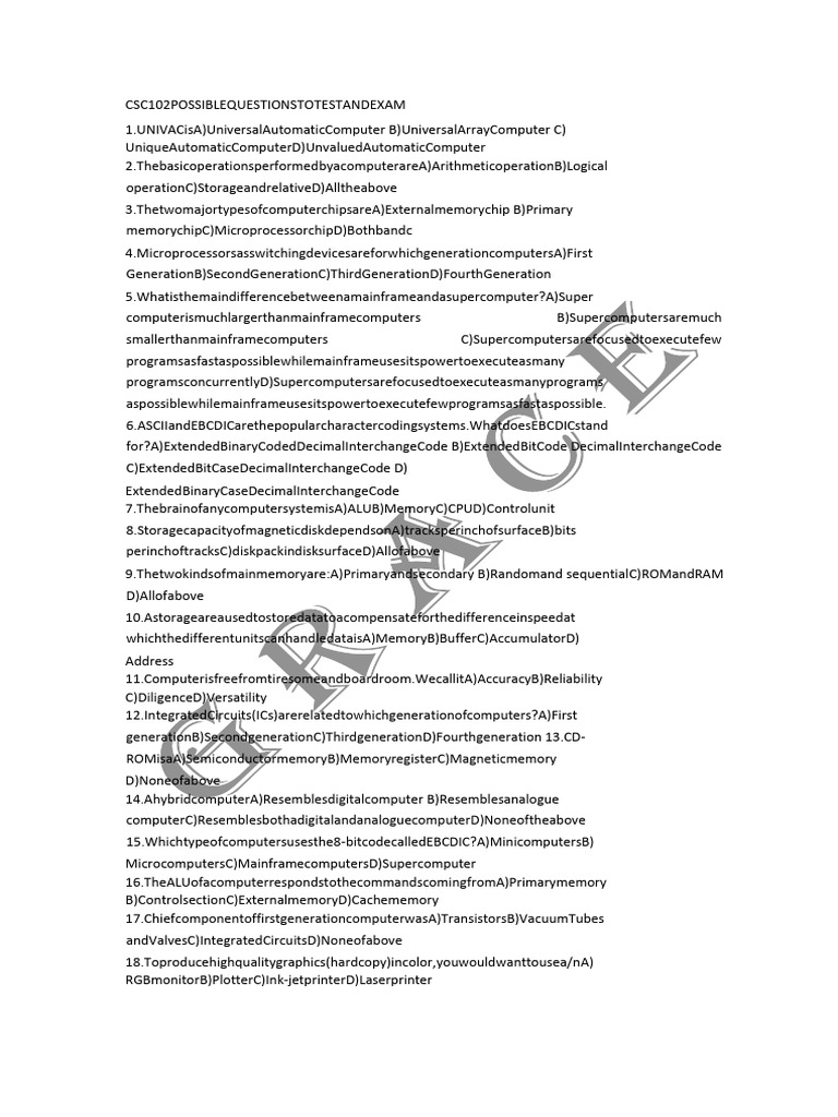 CSC 102 Questions and Answers by GRACE. | PDF | Computing | Computer Architecture