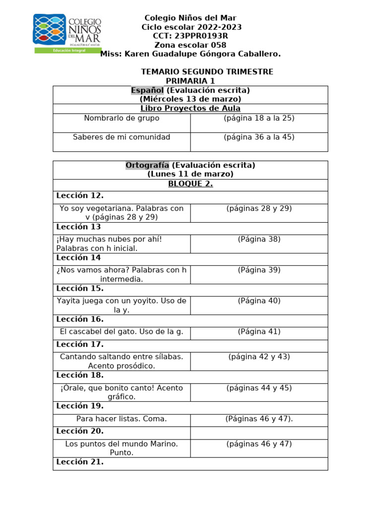 Temario Segundo Trimestre | PDF